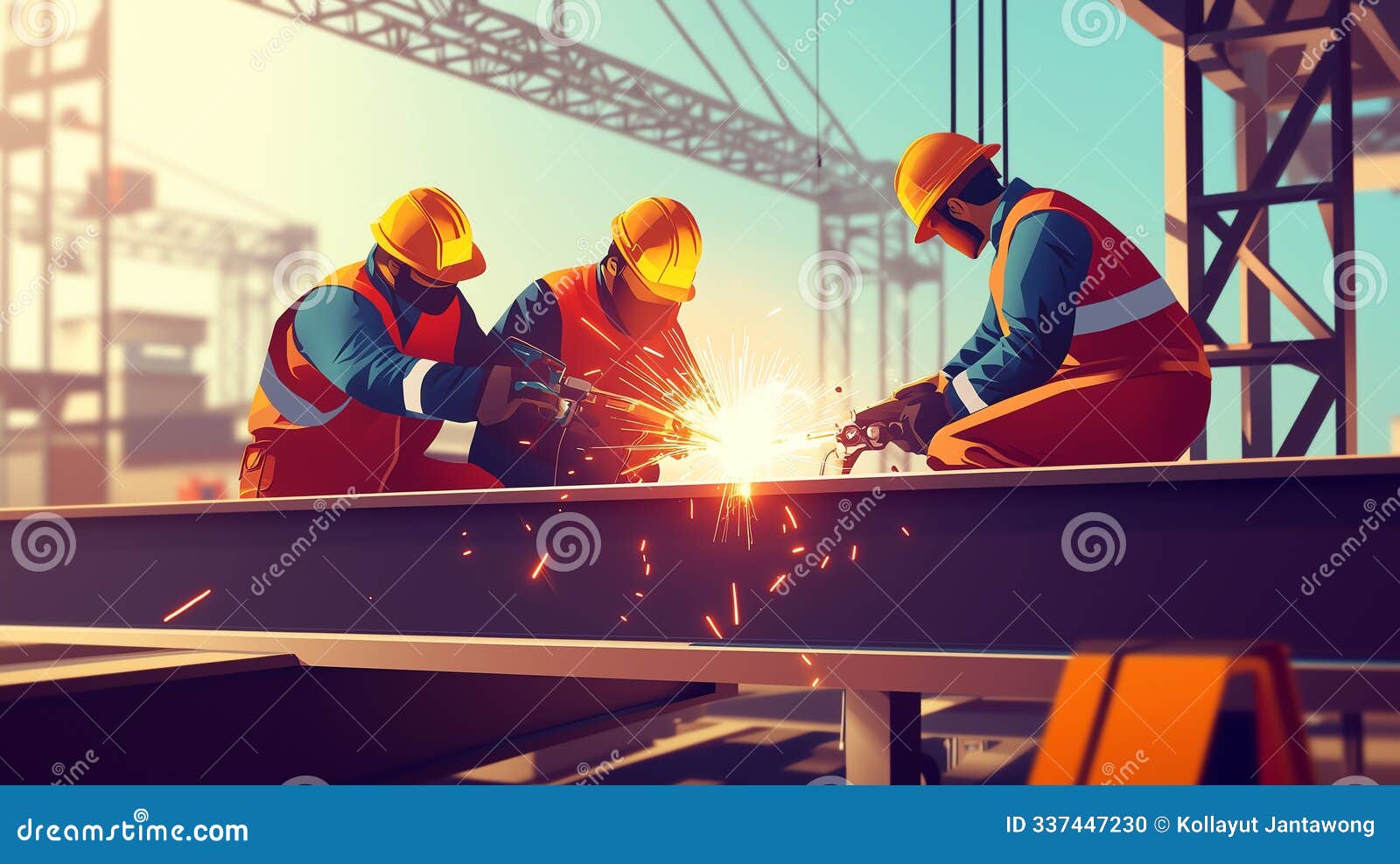 Steel Beam Installation: a 3D Vector Illustration of Workers Welding ...