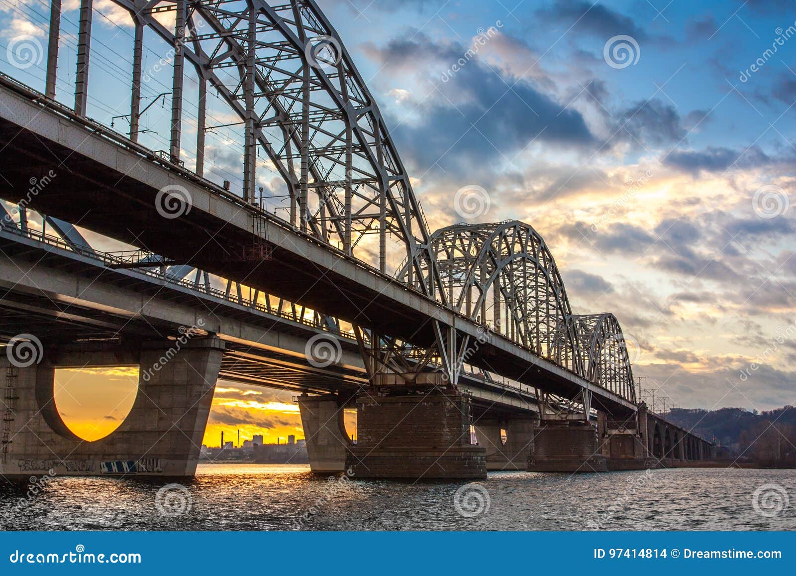 Steel bridge over a river stock photo. Image of kyiv - 97414814