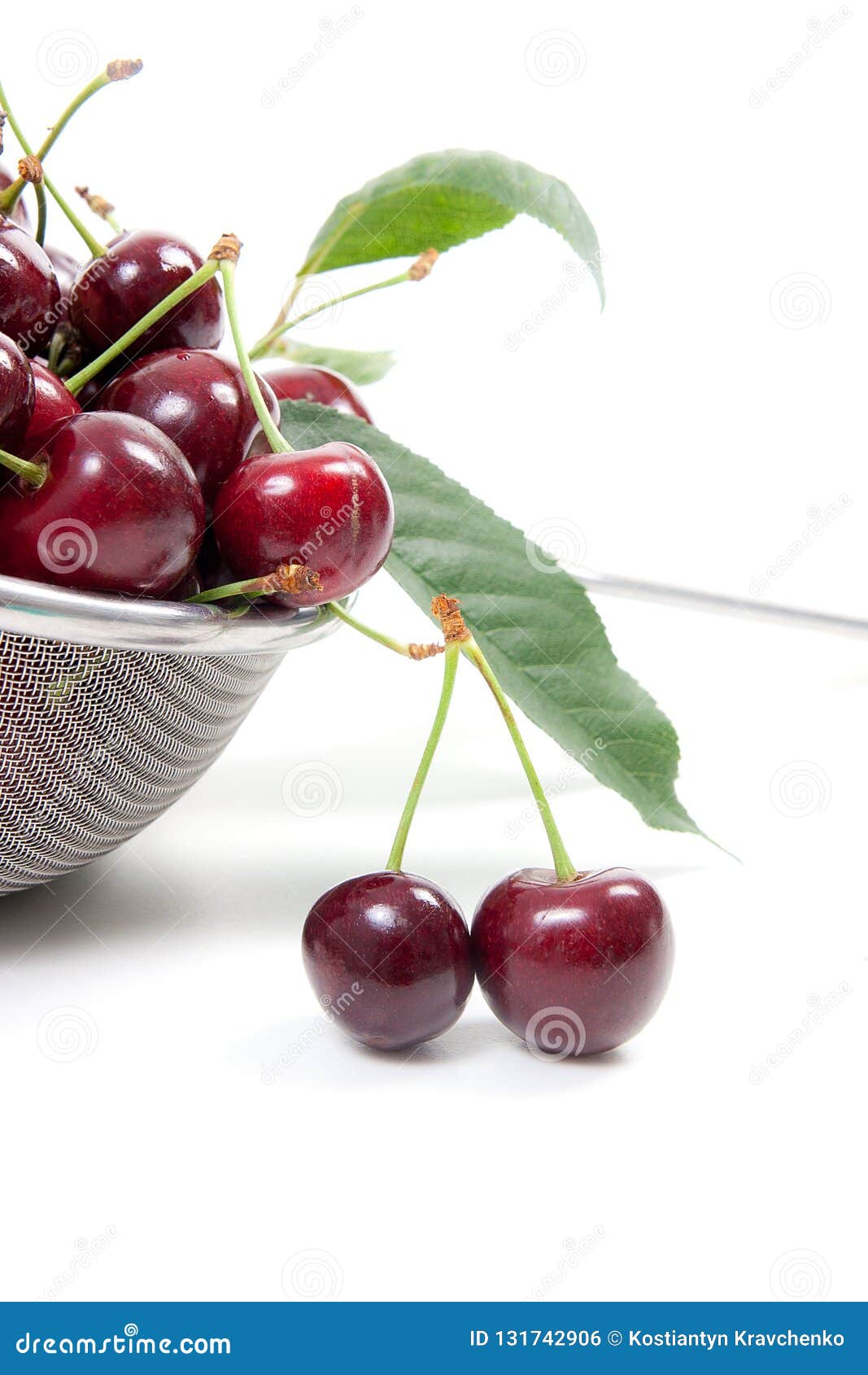 Steel Colander with Ripe Berries of Red Sweet Cherry and Several ...
