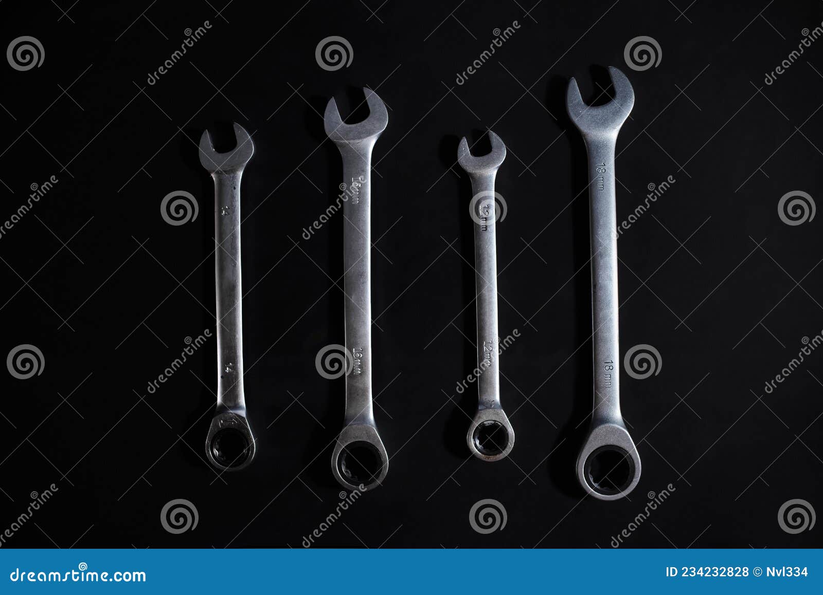 Steel Combination Wrench Set on Black Background, Top View Stock Photo ...