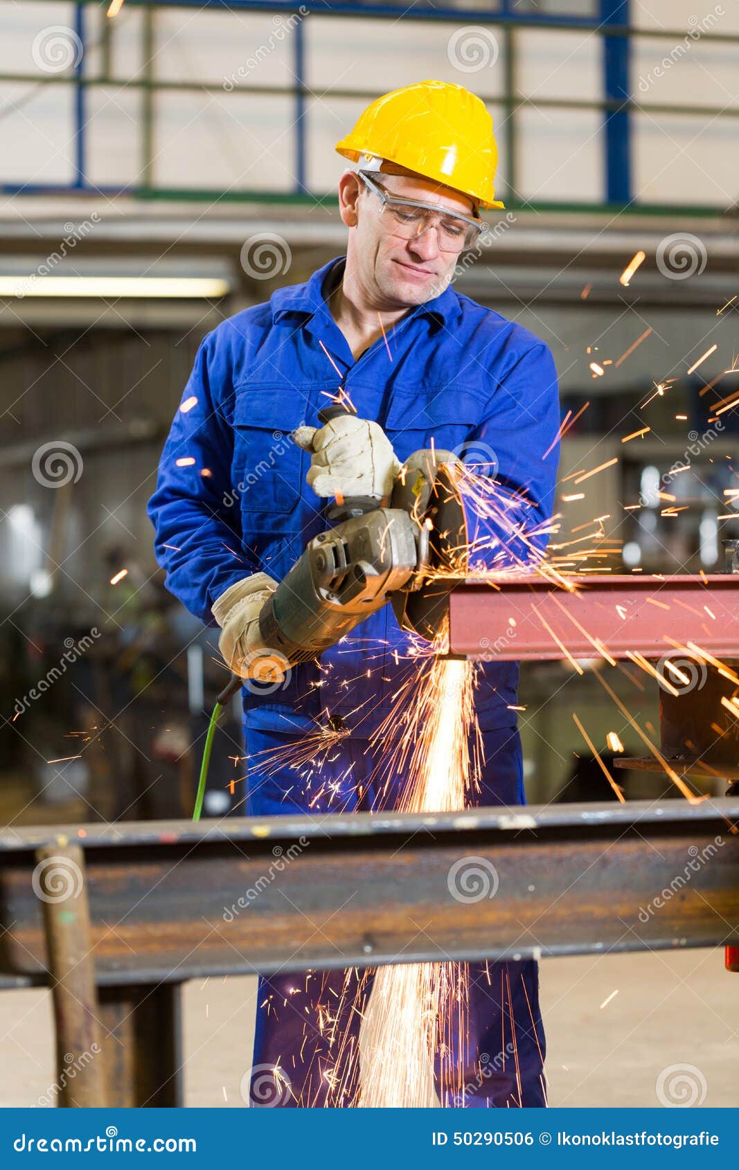 Steel Construction Worker Cutting Metal with Angle Grinder Stock Photo ...