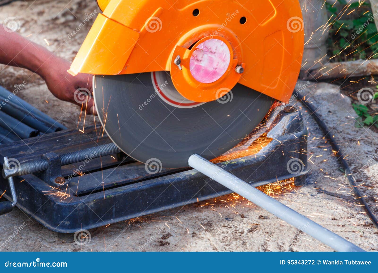 Steel cutting machine. stock photo. Image of hand, fire - 95843272