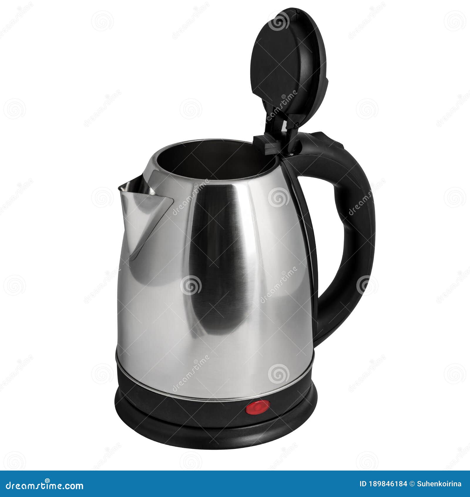 Steel Electric Kettle on a Black Stand with an Open Lid on a White ...