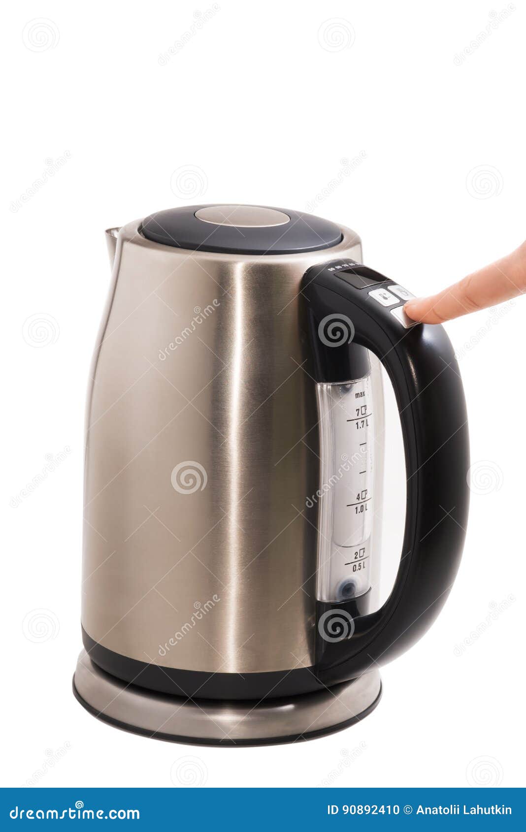 Steel Electric Kettle, with Finger Presses the Button Stock Photo ...