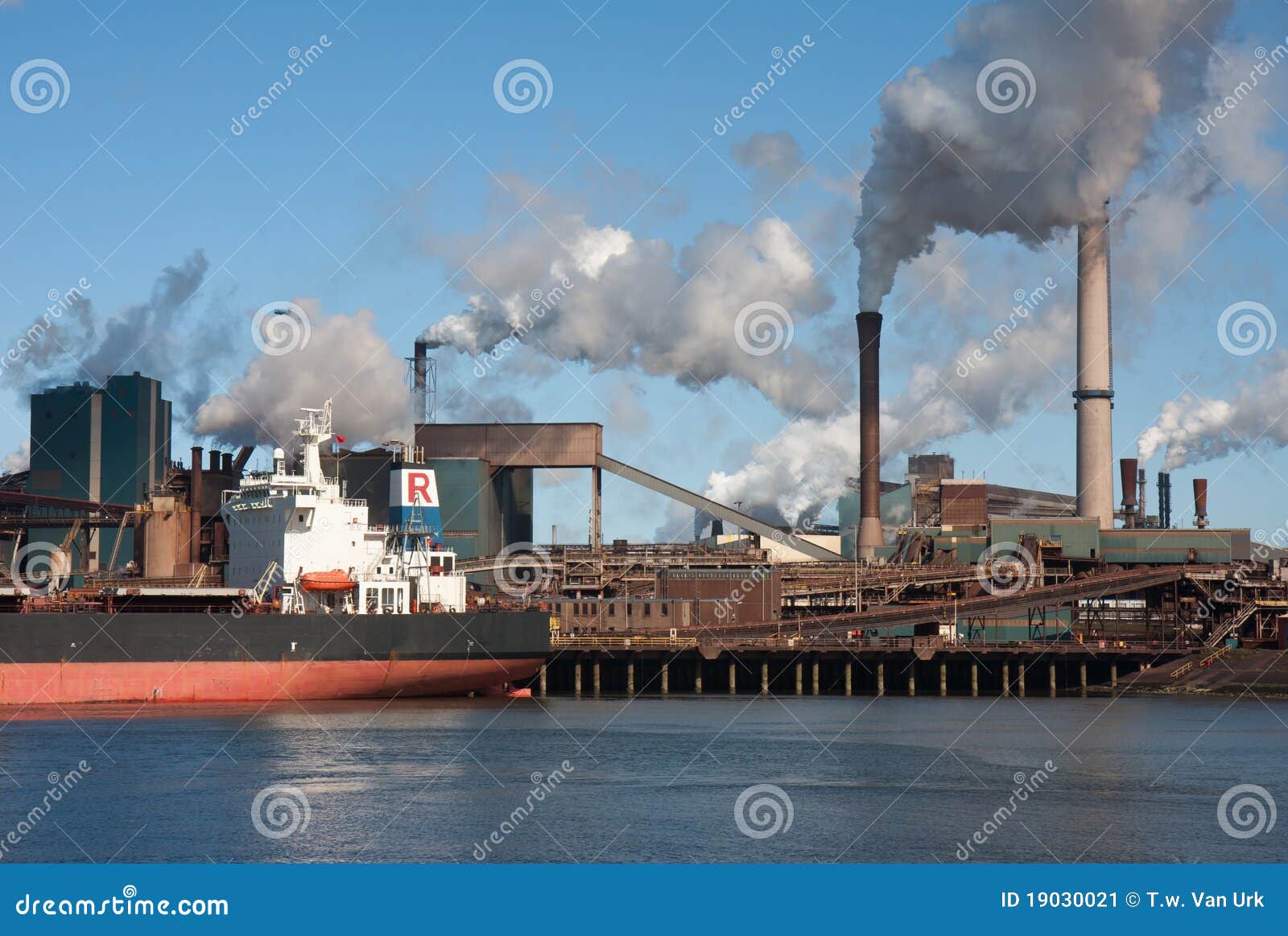 Steel Factory with Smokestacks and Cargo Ship Stock Image - Image of ...