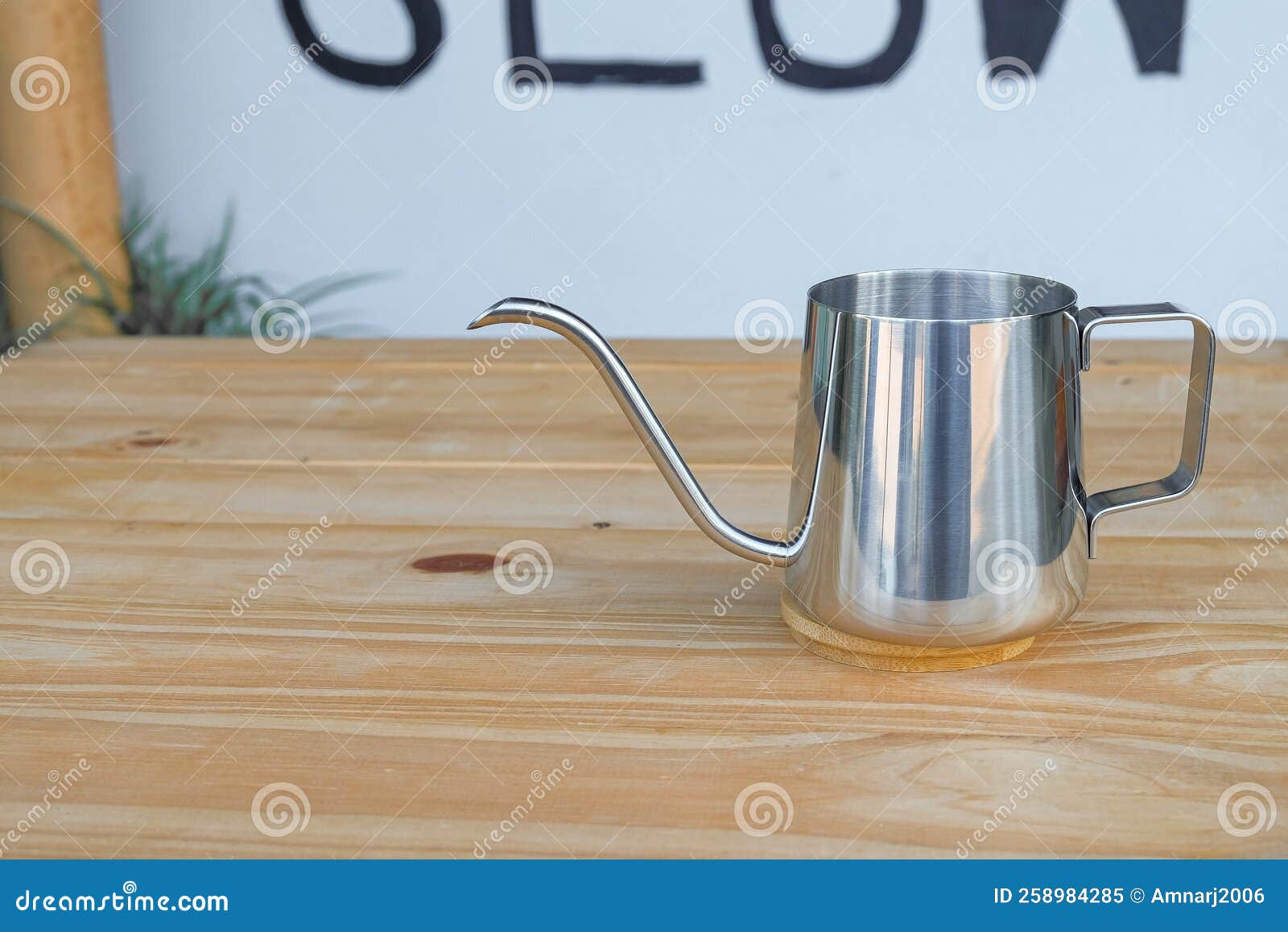 Steel Long Spout Drop Kettle on Wood Stock Image - Image of metal ...