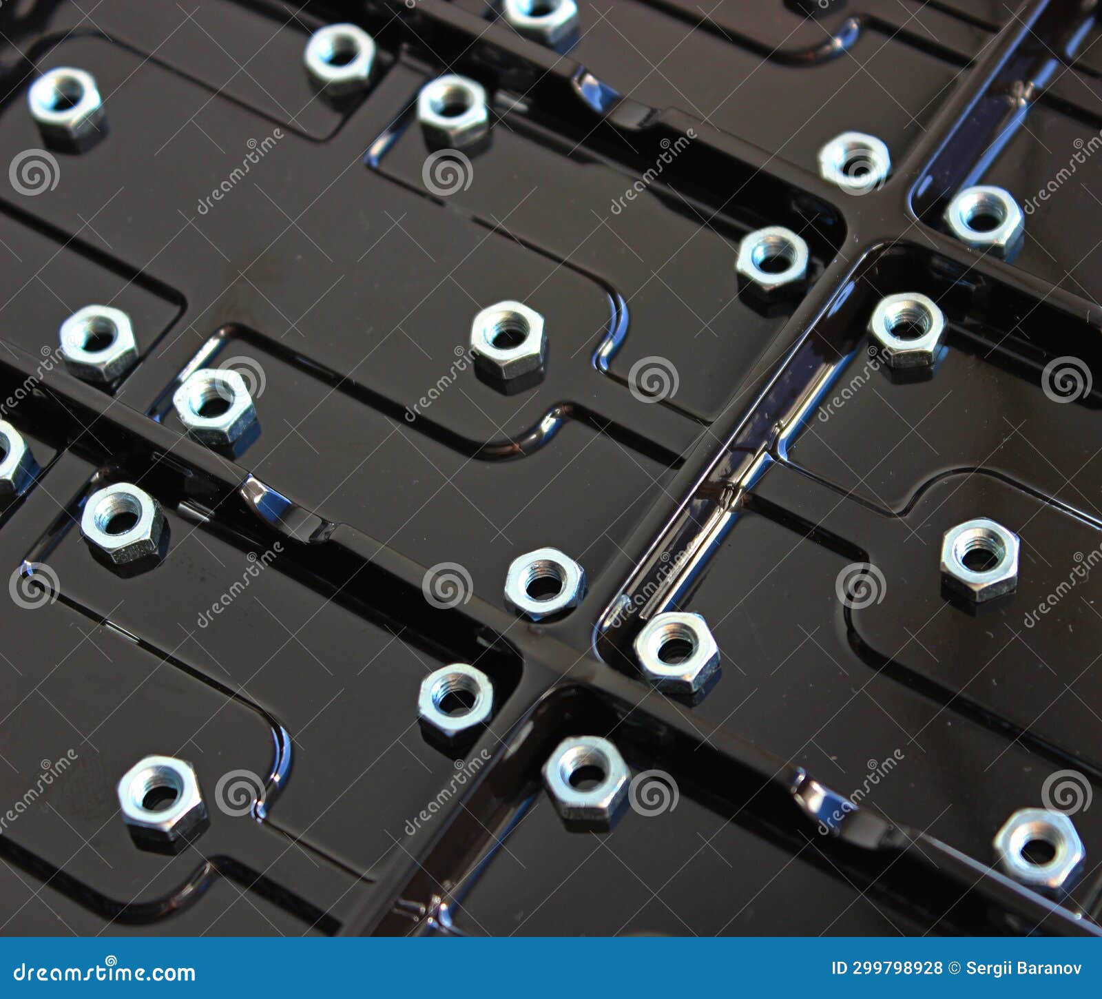 Steel Nuts on a Glossy Plastic Panel with Rectangular Compartments ...