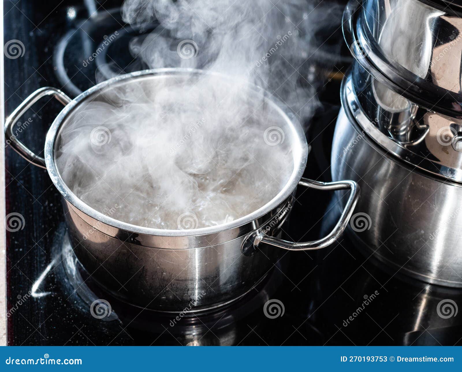 Steel Pot Of Boiling Water On Stove At Home Stock Image Image Of