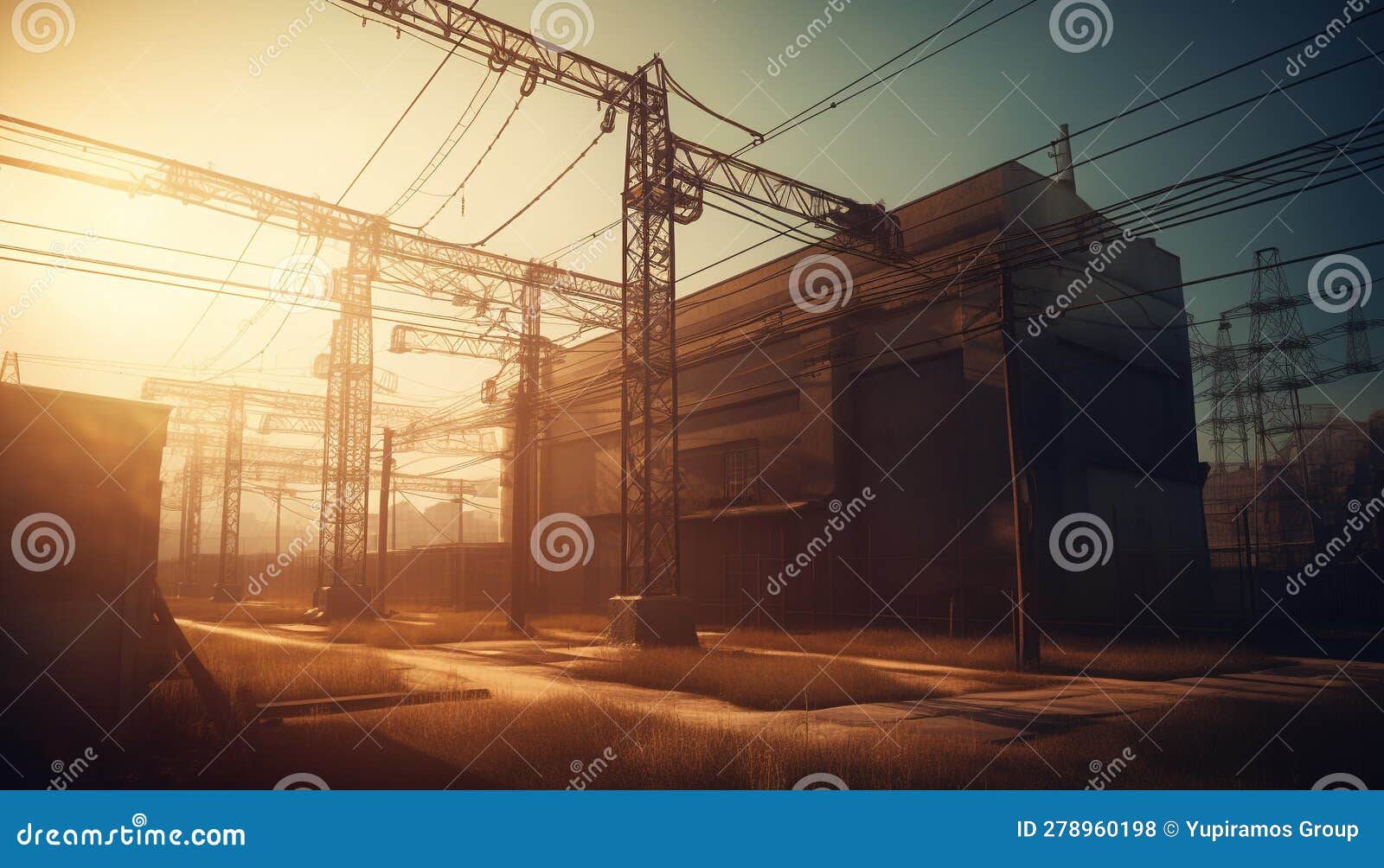 Steel Silhouette of Power Line and Pylon at Sunset Generated by AI ... Steel Silhouette of Power Line and Pylon at Sunset Generated by AI ...