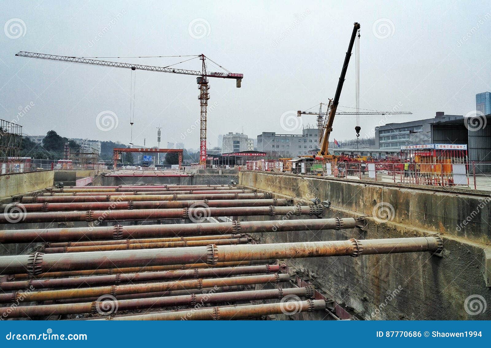 Steel Support Beams On A Street With Construction Workers During The ...
