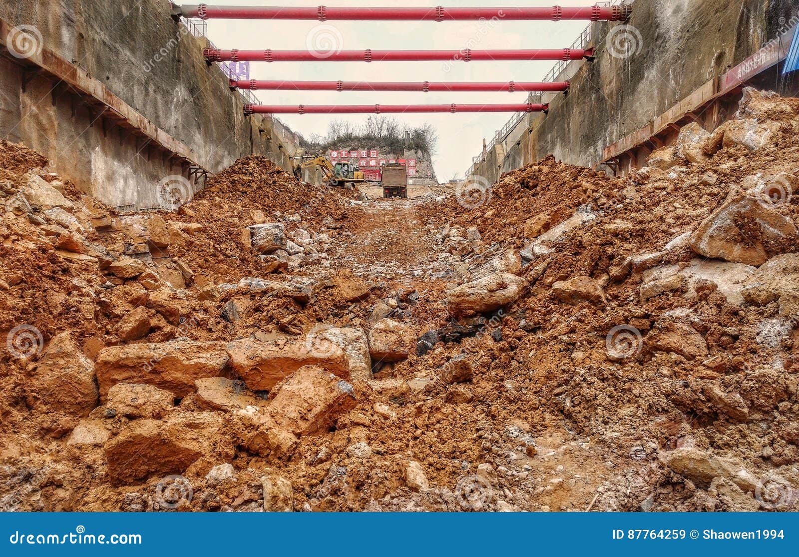 Steel Support Beams On A Street With Construction Workers During The ...