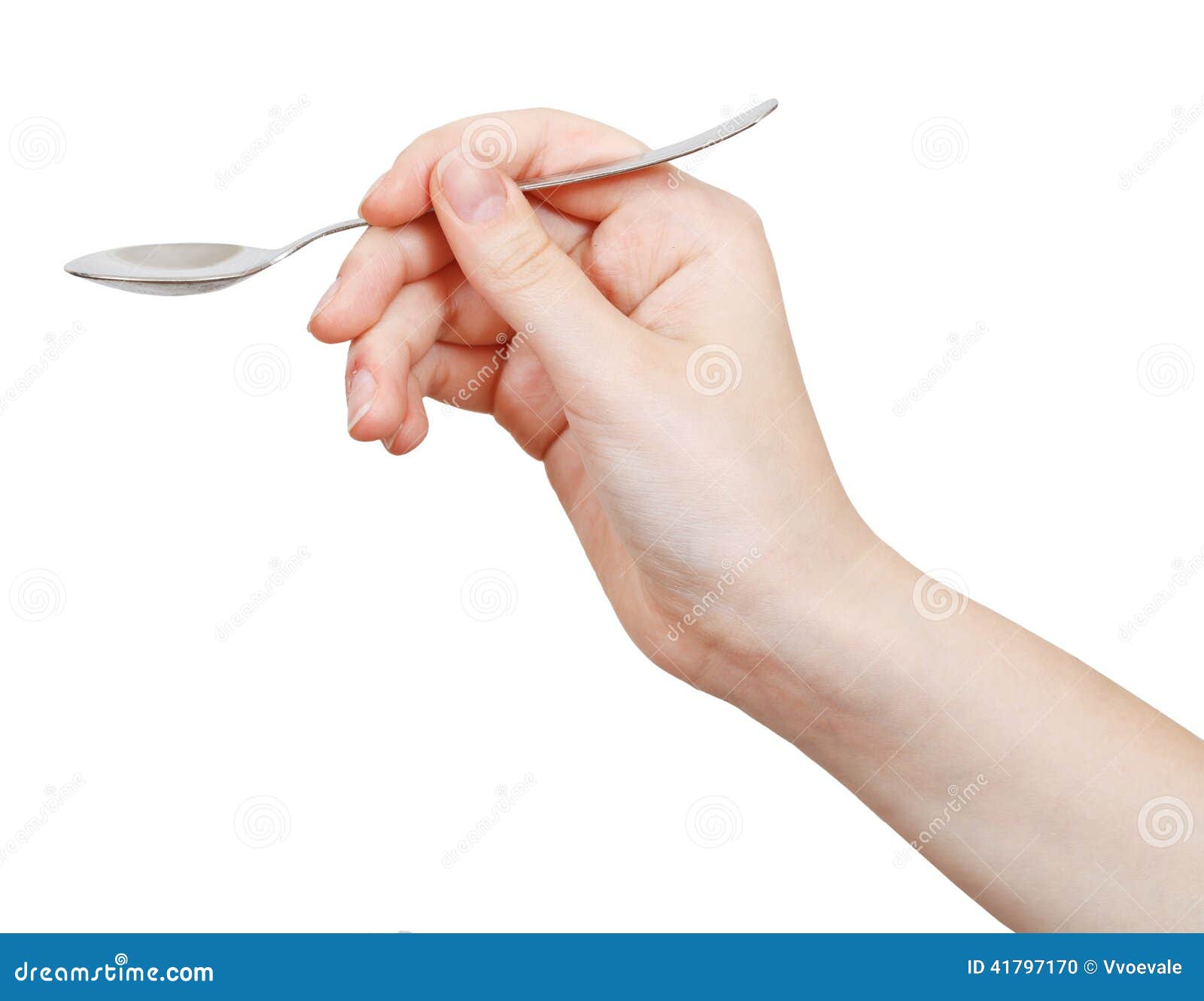 Steel Teaspoon in Hand Isolated on White Stock Photo - Image of finger ...