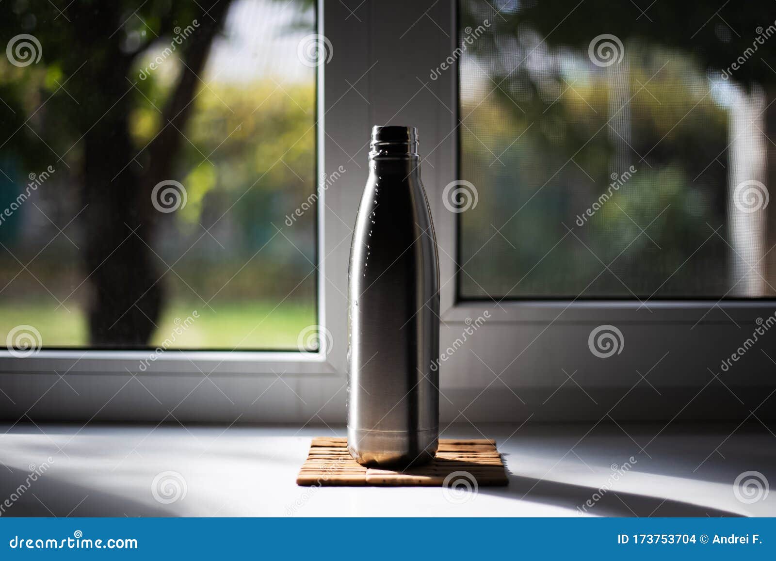 Steel Thermo Bottle for Water on Background of Window. Stock Photo ...