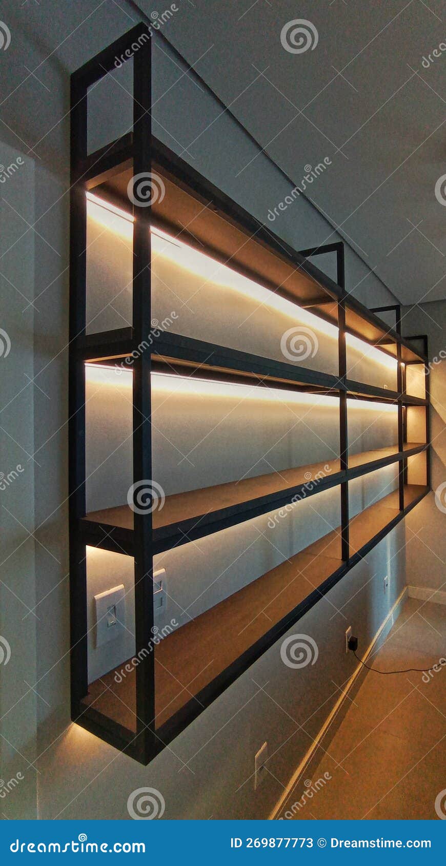 Steel and Wood Shelves with Led Lighting Stock Image - Image of wall ...