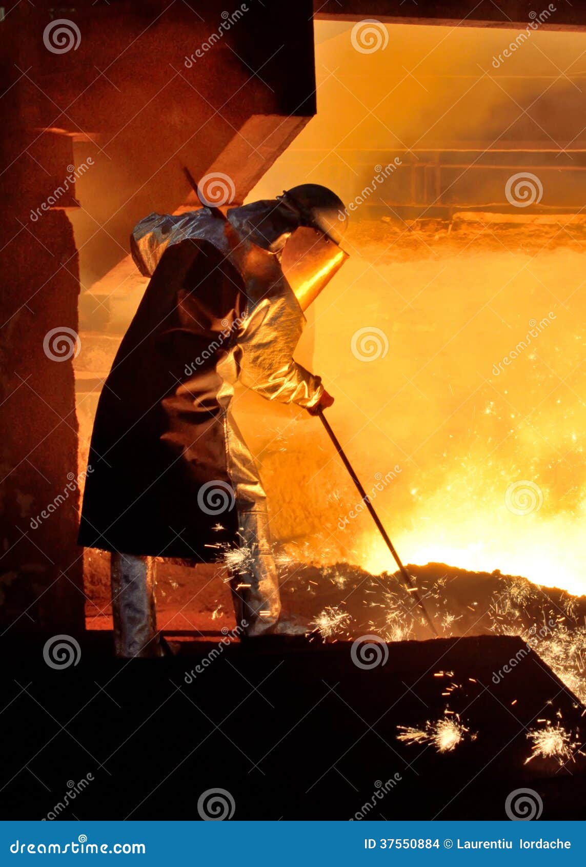 Steel Worker Removing Slag From The Electric Induction Crucible Melting ...