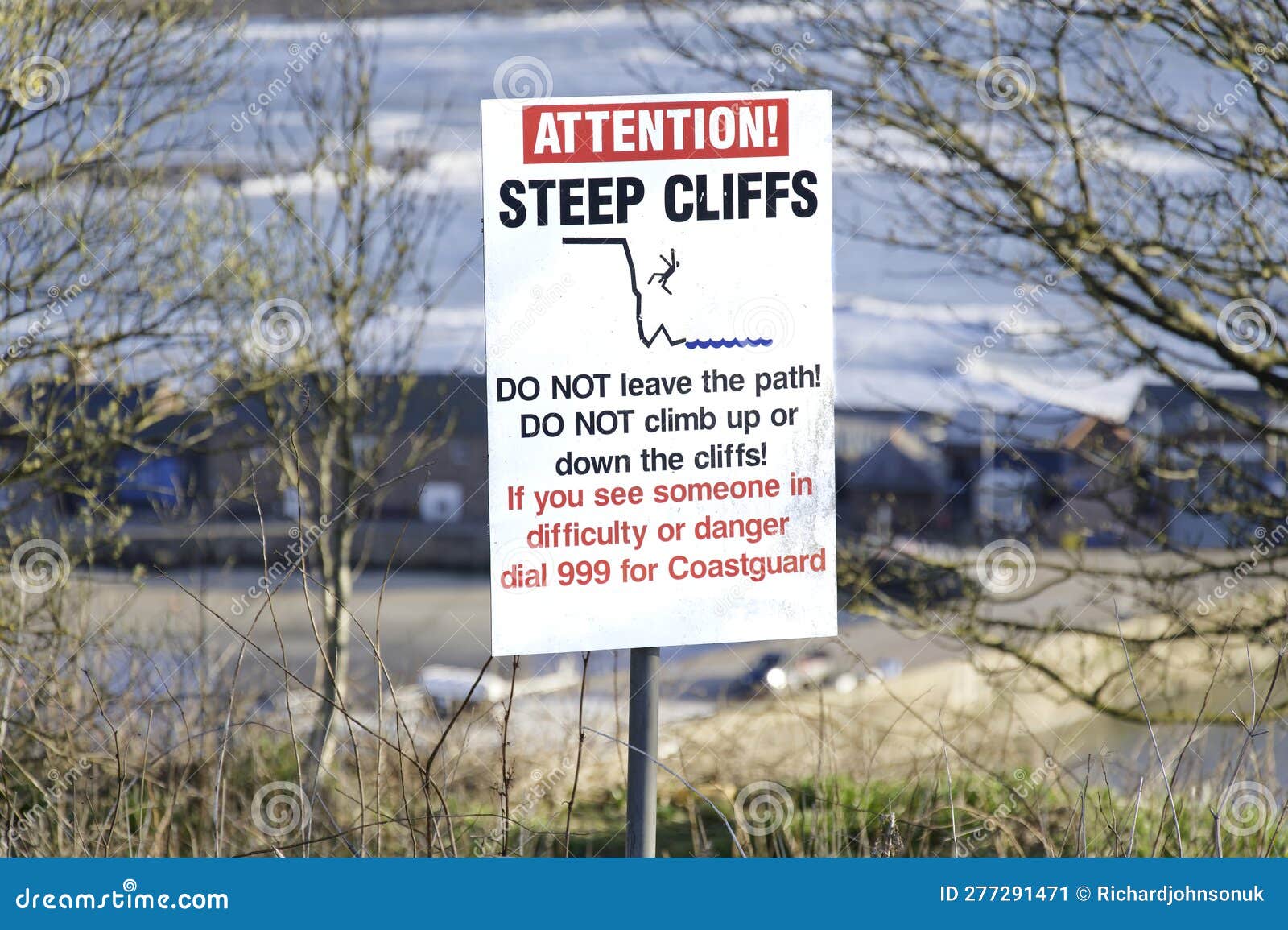 Steep Cliffs Warning Sign for Tourists High Above Stonehaven Harbour ...
