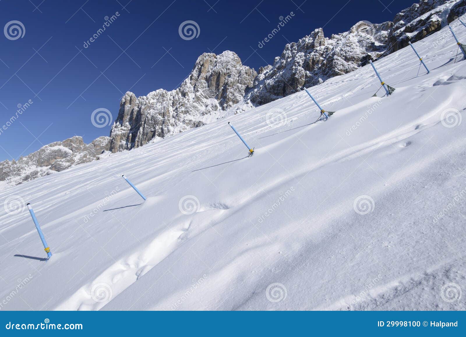 Snow on Steep Slope and Rosengarten, Costalunga Pass Stock Photo ...