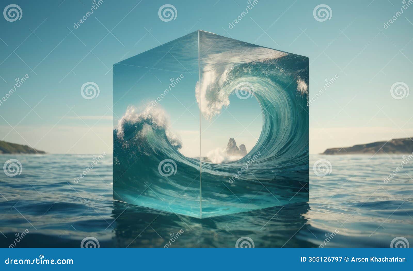 A Steep Wave Swirls Inside a Transparent Cube Stock Illustration ...