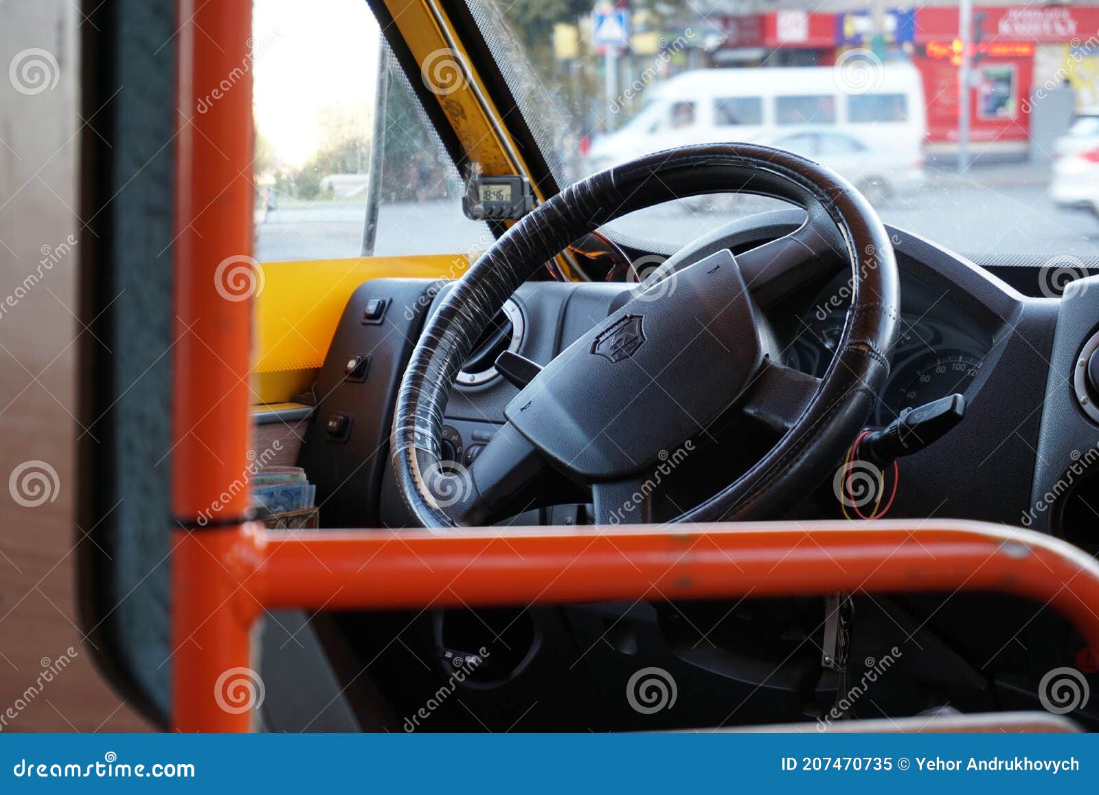 ZAPOROZHYE, UKRAINE - SEPTEMBER 25, 2020: Steering Wheel in the Cab of ...