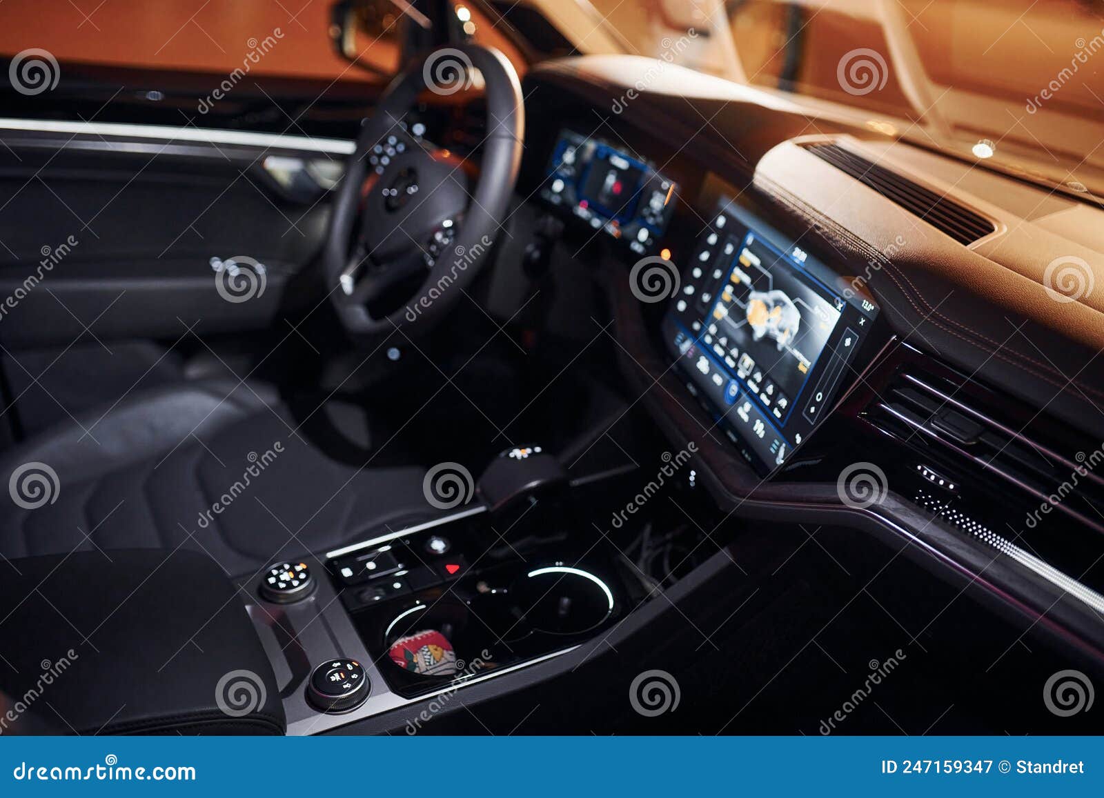 Steering Wheel and Navigation Display. Close Up View of Front Park of ...