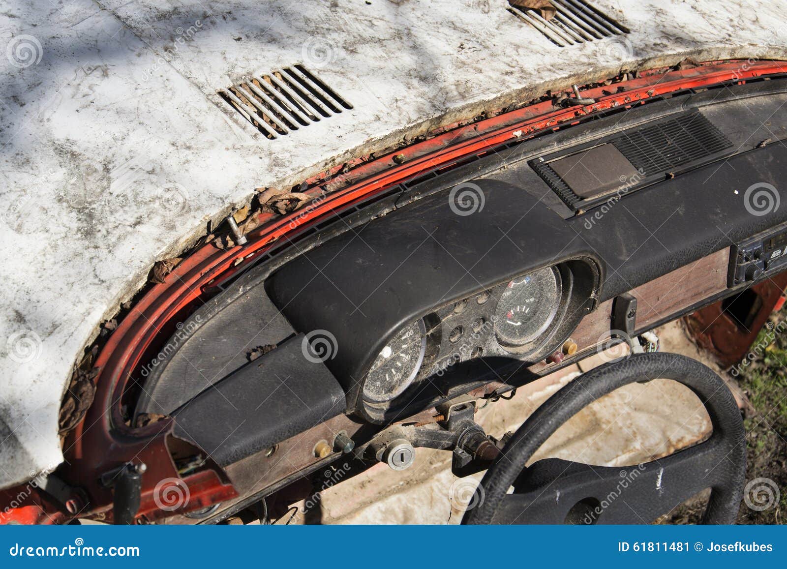 Steering Wheel and Rusty Speedometer on Vintage Car Dashboard Stock ...