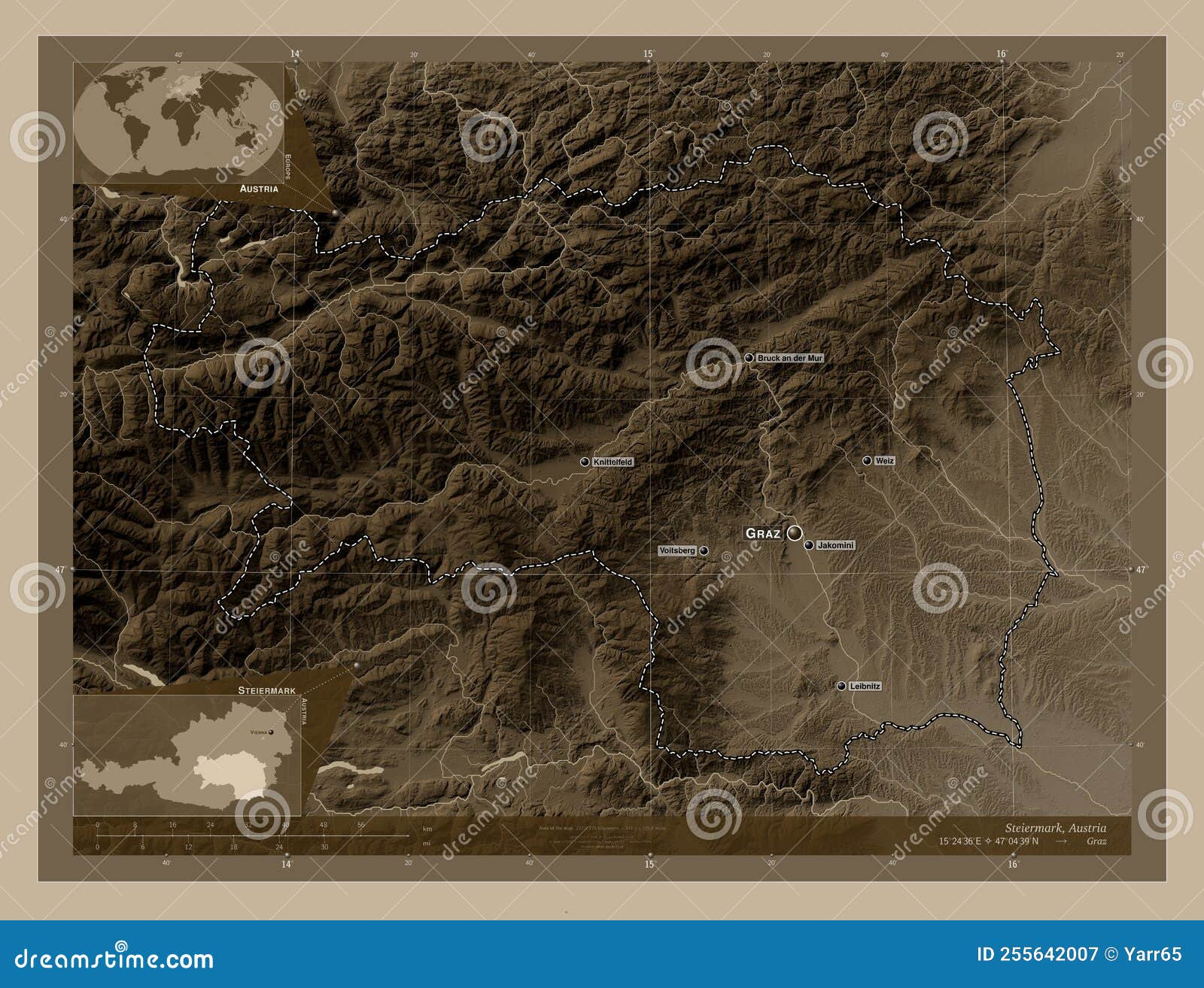 Steiermark, Austria. Sepia. Labelled Points of Cities Stock Image ...