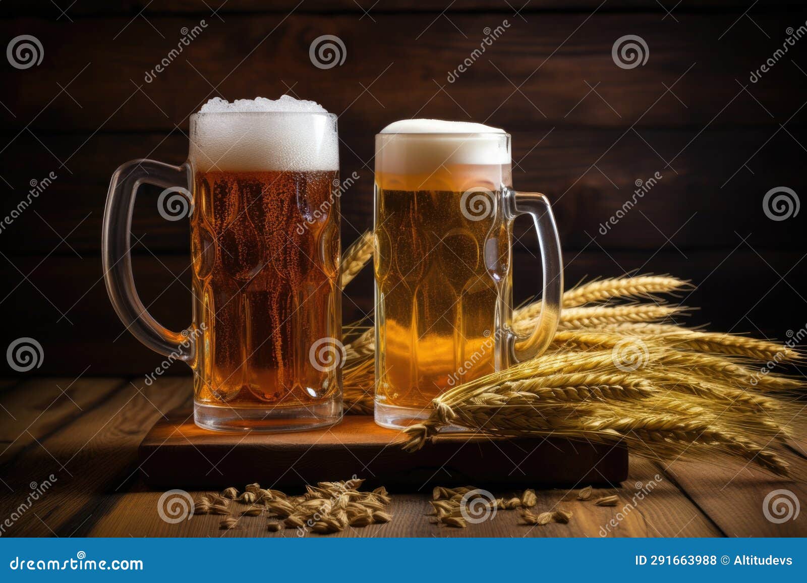 Steins of Wheat and Lager Beer Side by Side on a Wooden Table Stock ...