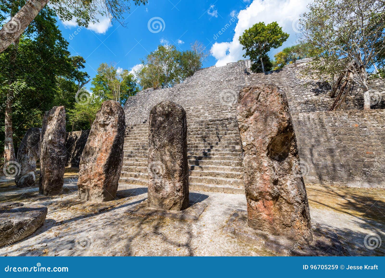 Stellae and Pyramid in Calakmul, Mexico Stock Image - Image of ruins ...
