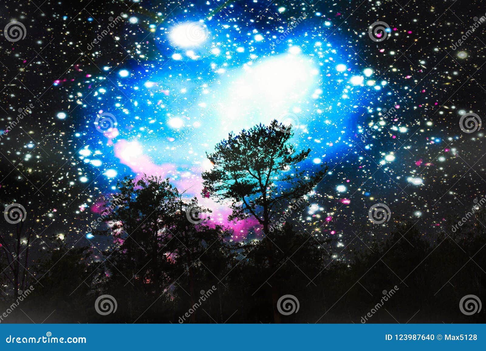 Stellar Nebula on Night Forest, Night Distant World Stock Photo - Image ...