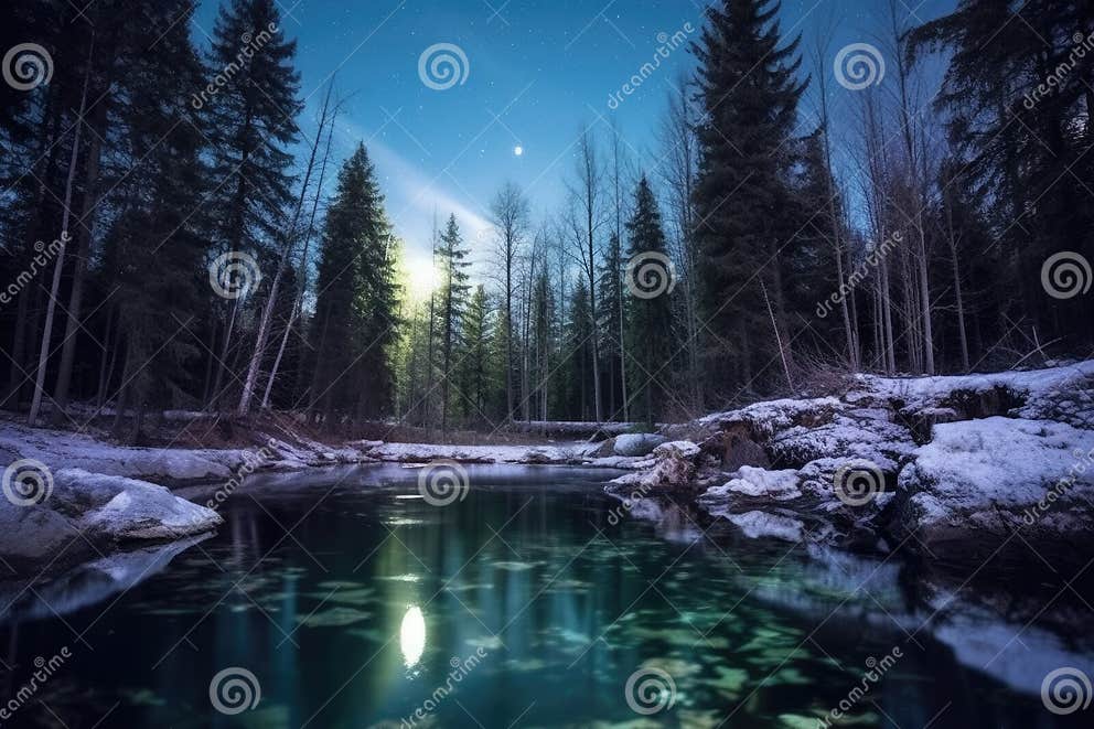 Stellar Sky Over a Natural Hot Spring in a Forest Stock Image - Image ...