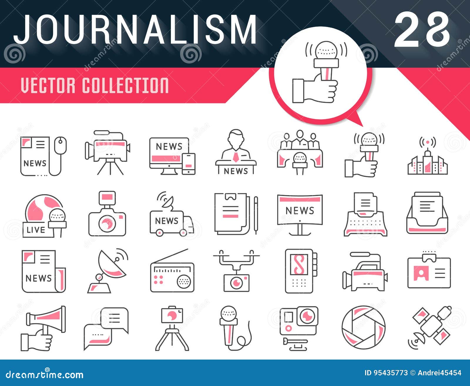 Stellen Sie Vektor-flache Linie Ikonen-Journalismus Ein Stock Abbildung ...