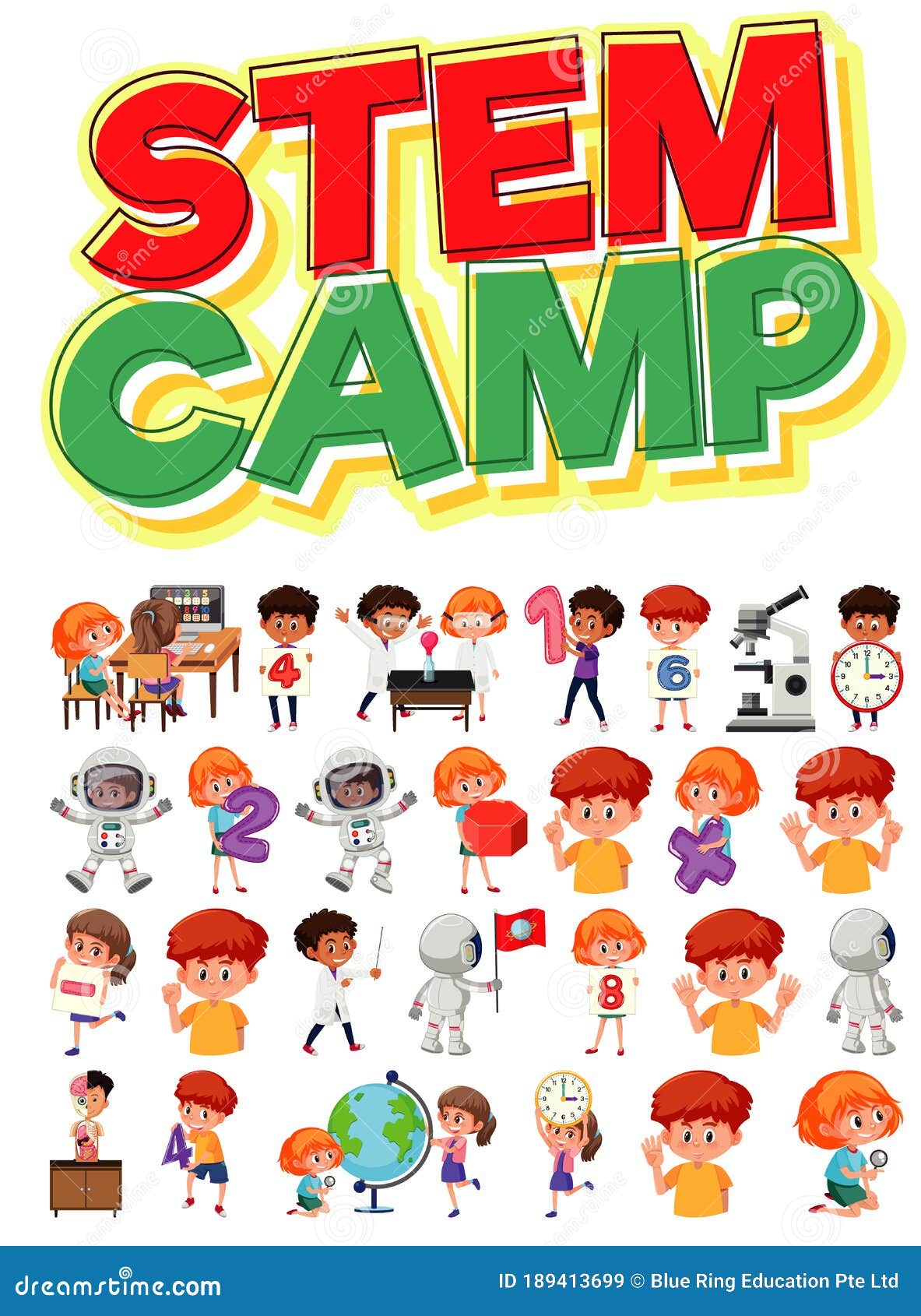 Stem Camp Logo and Set of Children with Education Objects Isolated ...