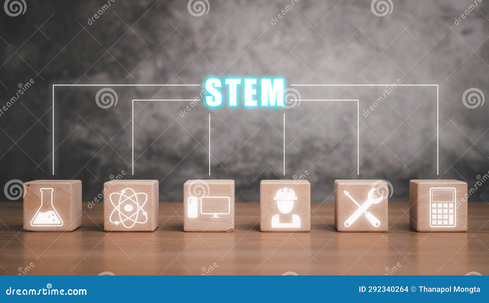 Wooden Block on Desk with Stem Icon on Virtual Screen Stock Photo ...