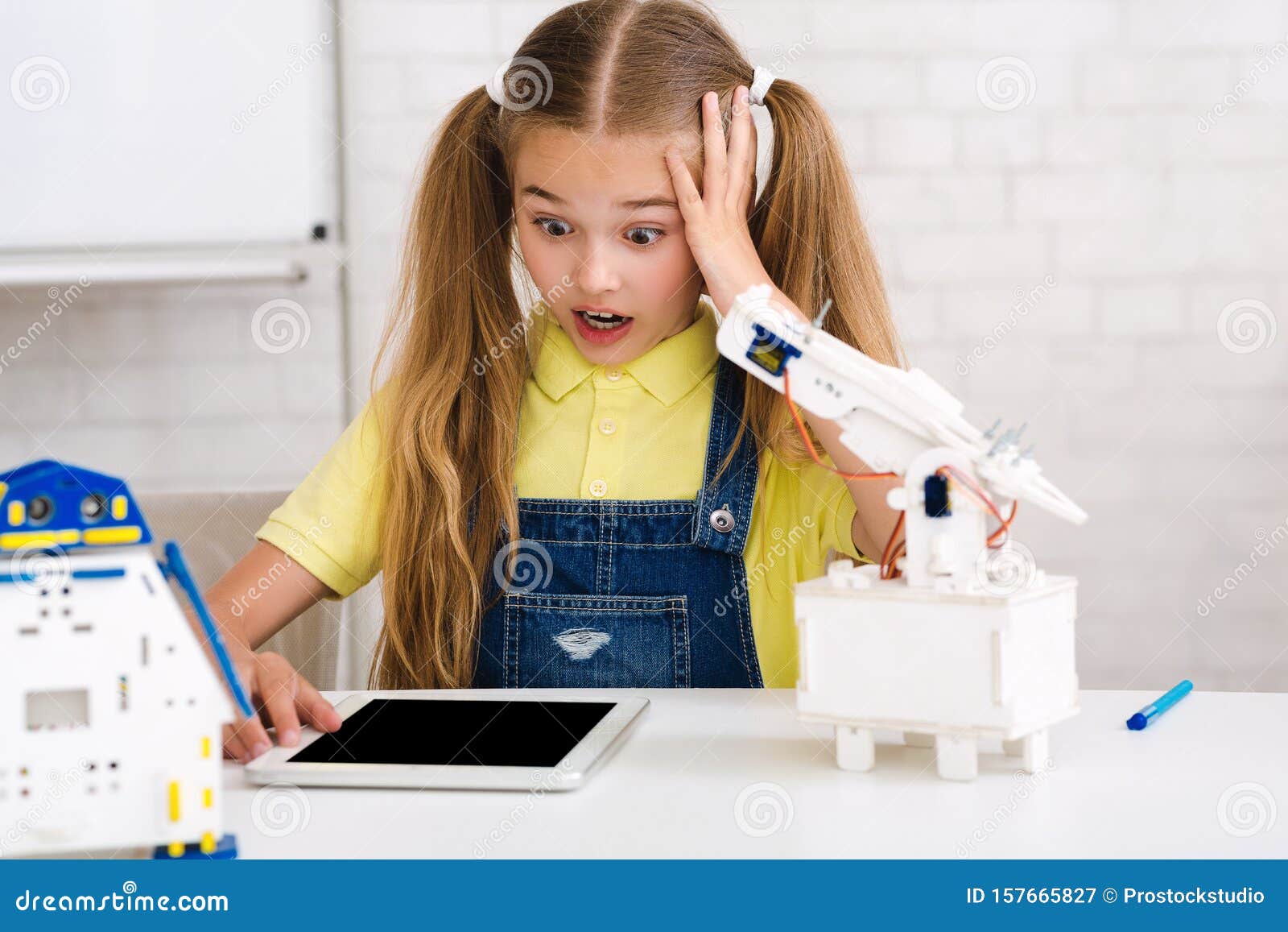 Stem Education. Shocked Girl Made Mistake when Creating Robot Stock ...
