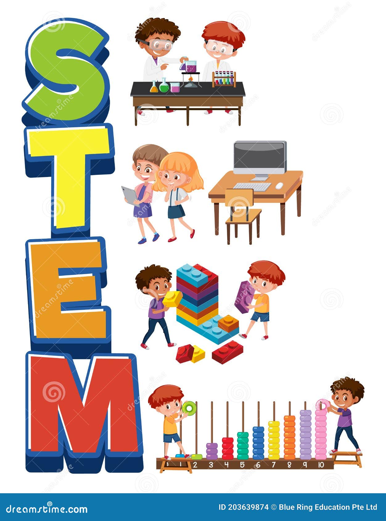 Stem Logo with Kids and Education Objects Isolated Stock Vector ...