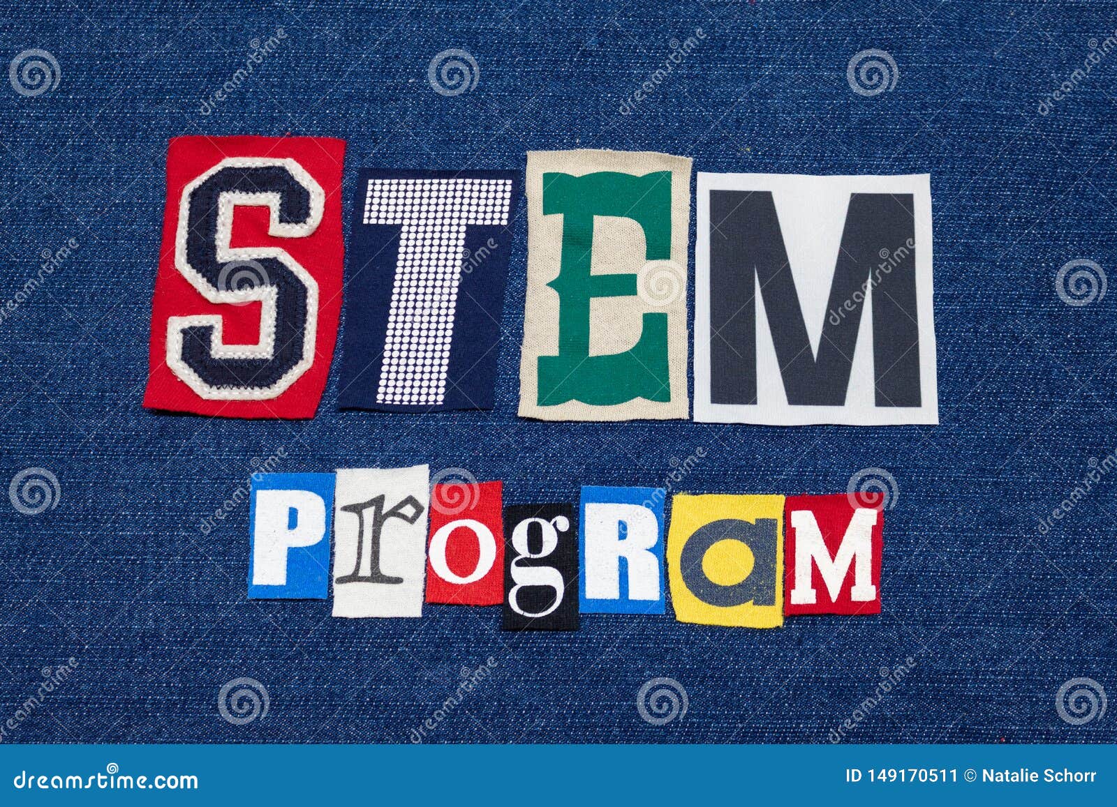 STEM PROGRAM Text Word Collage, Colorful Fabric on Blue Denim, Science ...