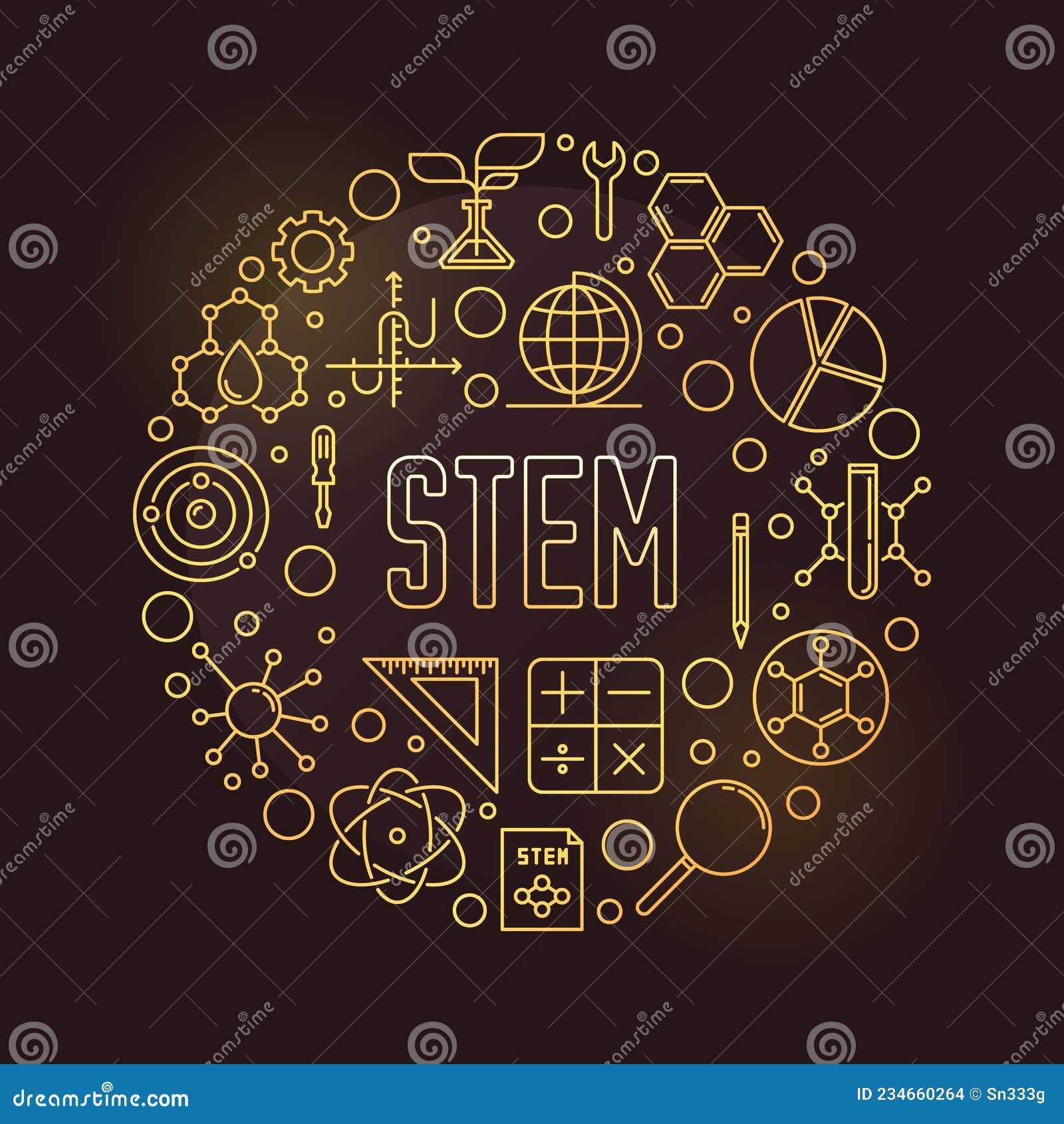 STEM Round Golden Banner - Vector Illustration in Thin Line Style Stock ...