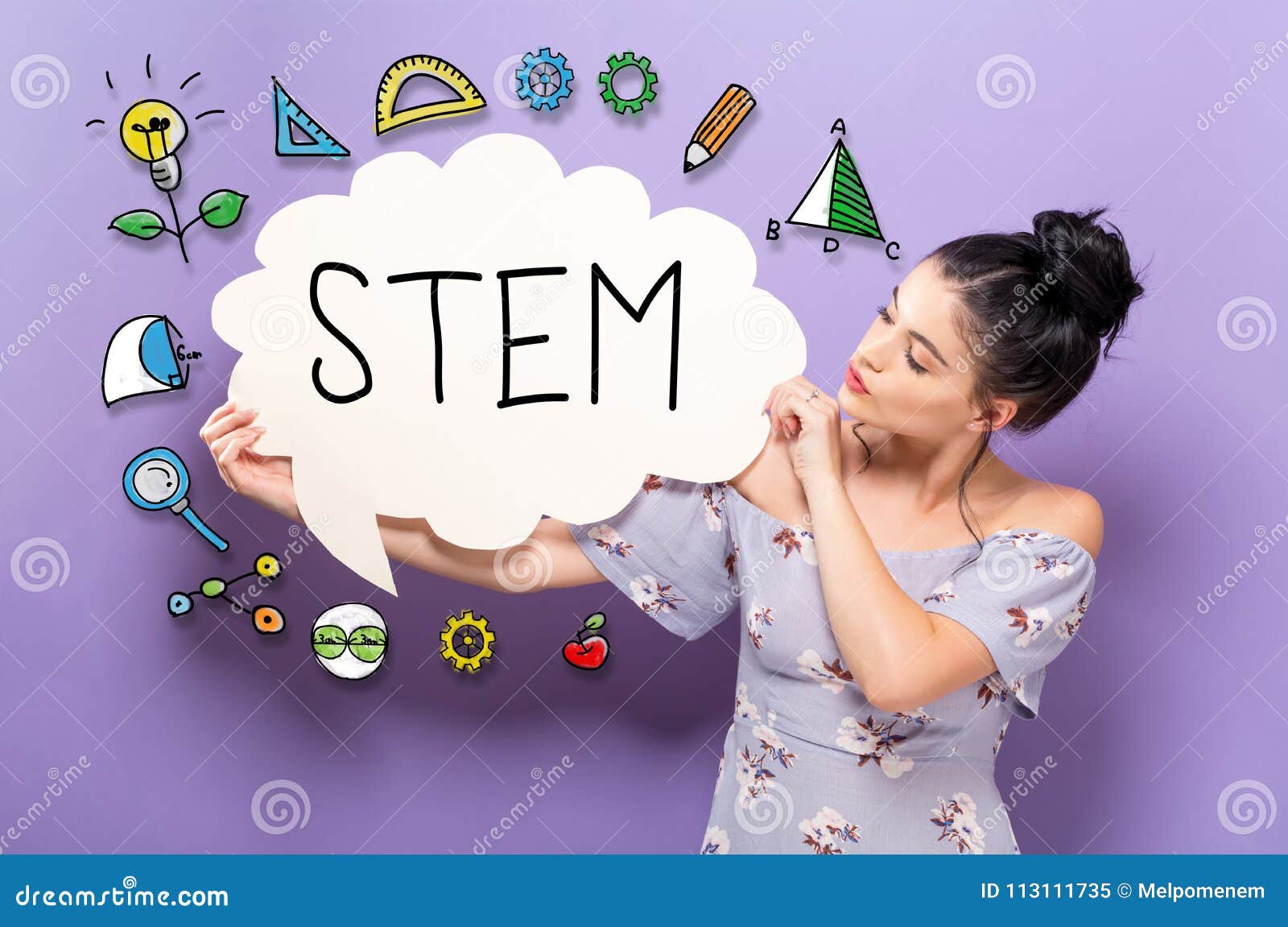 STEM with Woman Holding a Speech Bubble Stock Image - Image of concept ...