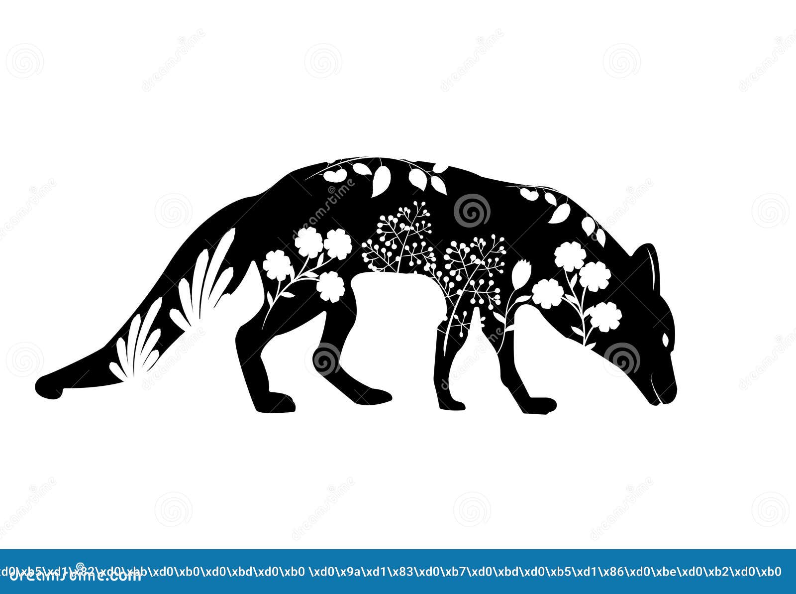 Stencil Fox Runs in Grass and Flowers Stock Vector - Illustration of ...