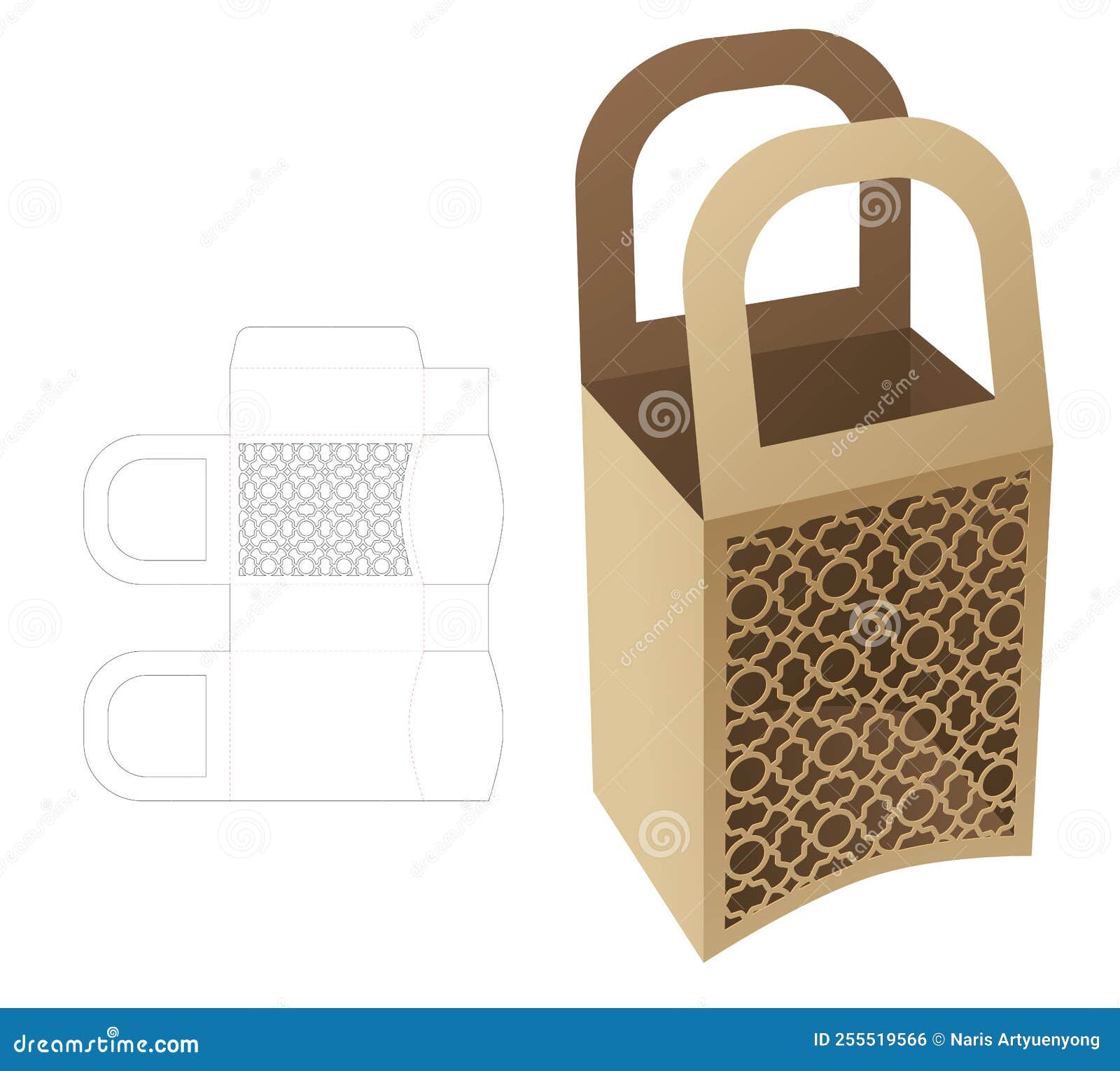 Stenciled Bottom Curved Box with Handle Die Cut Template and 3D Mockup ...