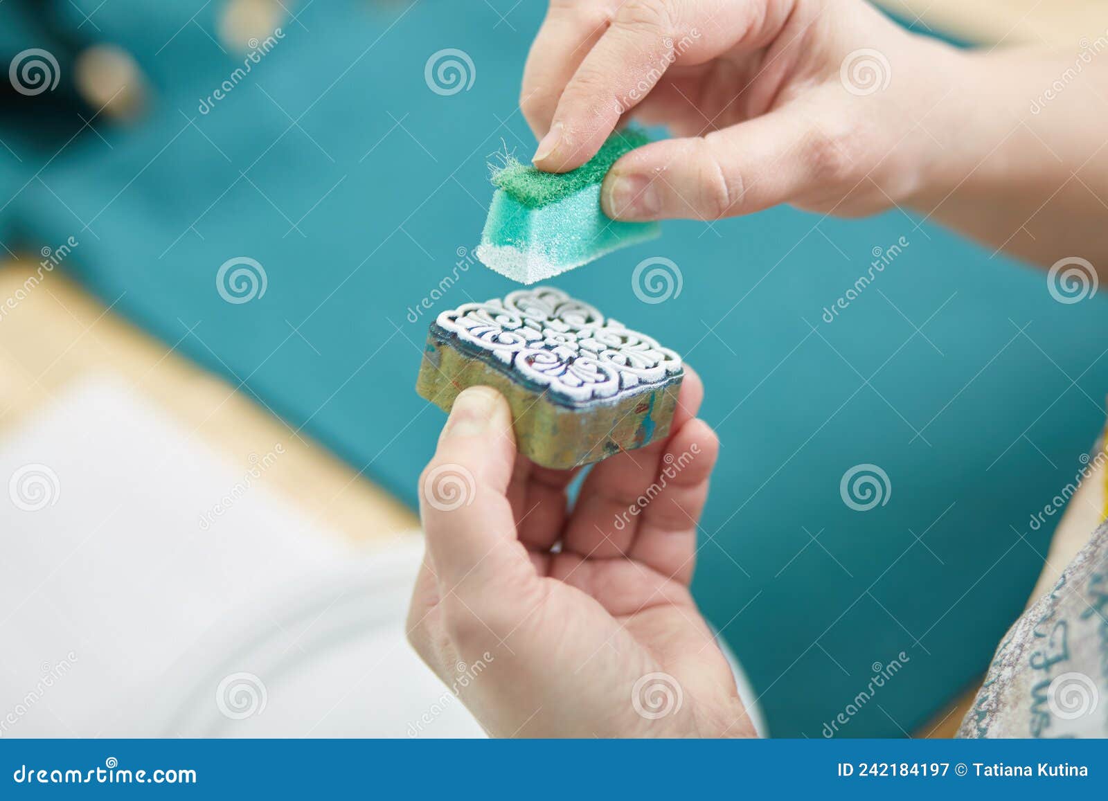Step 2. Applying Fabric Paint To the Stamp Using a Sponge. Stock Image ...