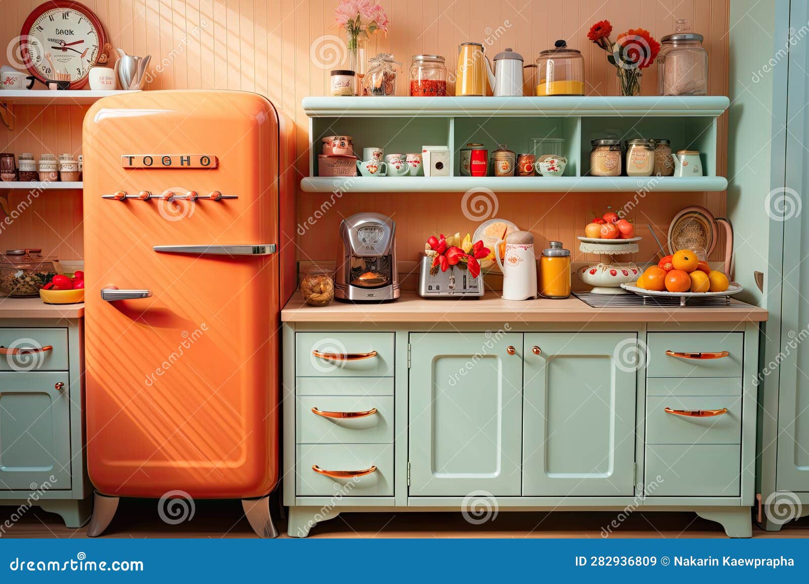 Retro Vibes: Kitchen with Orange and Green Refrigerator, a Retro ...