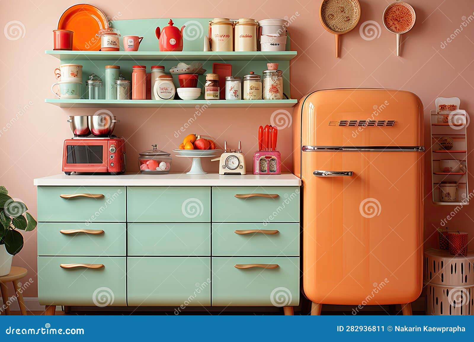 Retro Vibes: Kitchen with Orange and Green Refrigerator, a Retro ...