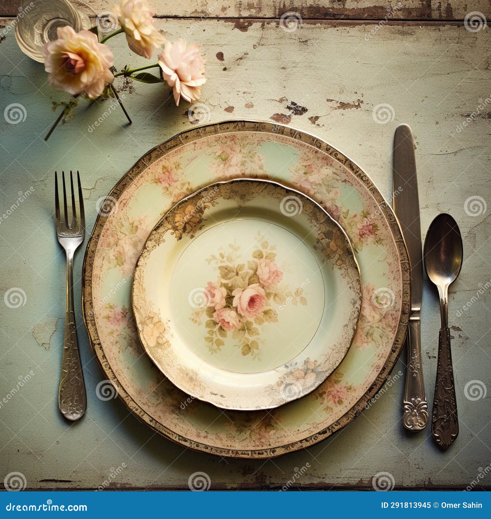 Vintage and Rustic Table Setting with Charming Dishware Stock Image ...