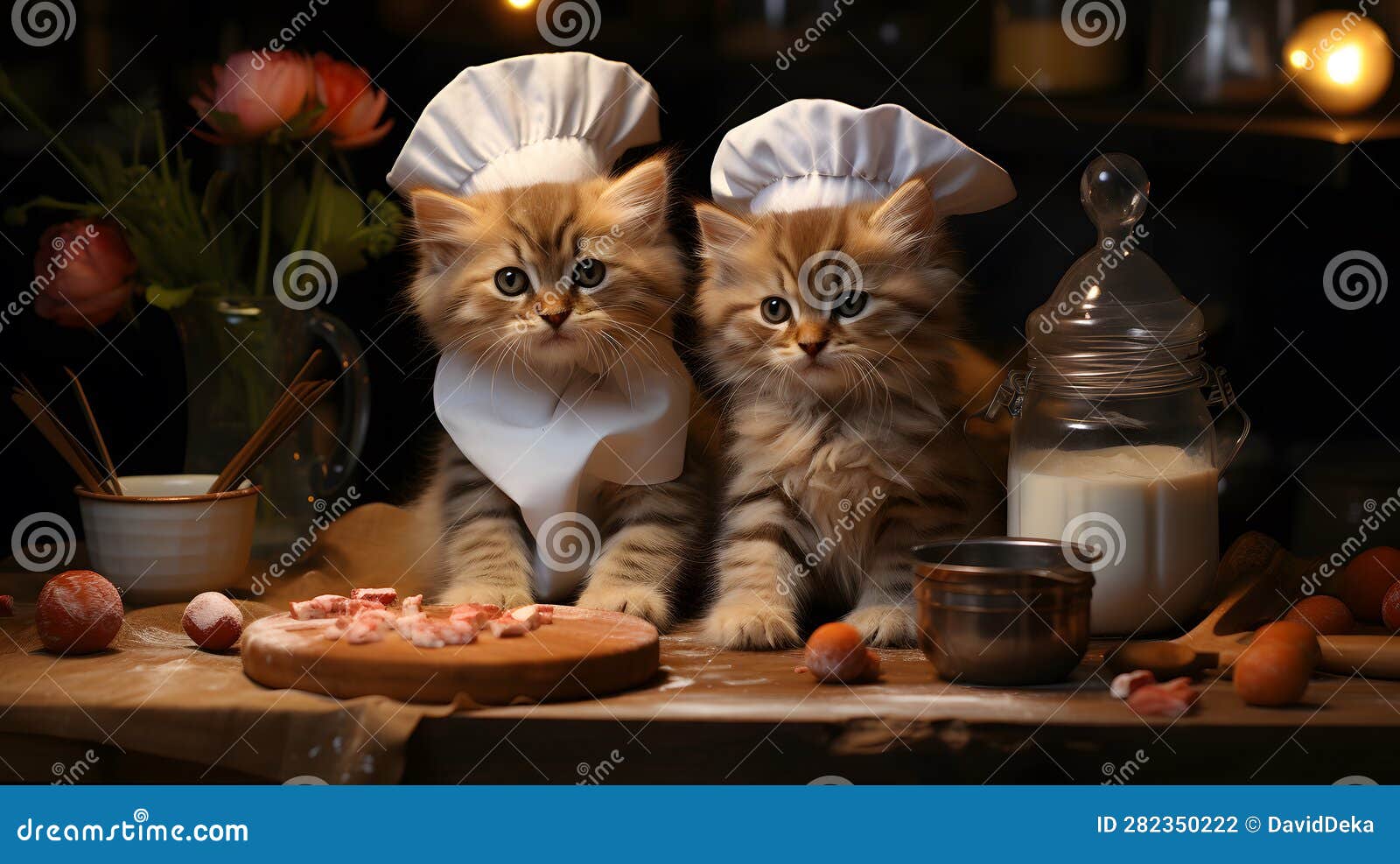 Two Tiger Striped Kittens As Chefs in a Rustic Kitchen AI Generated ...