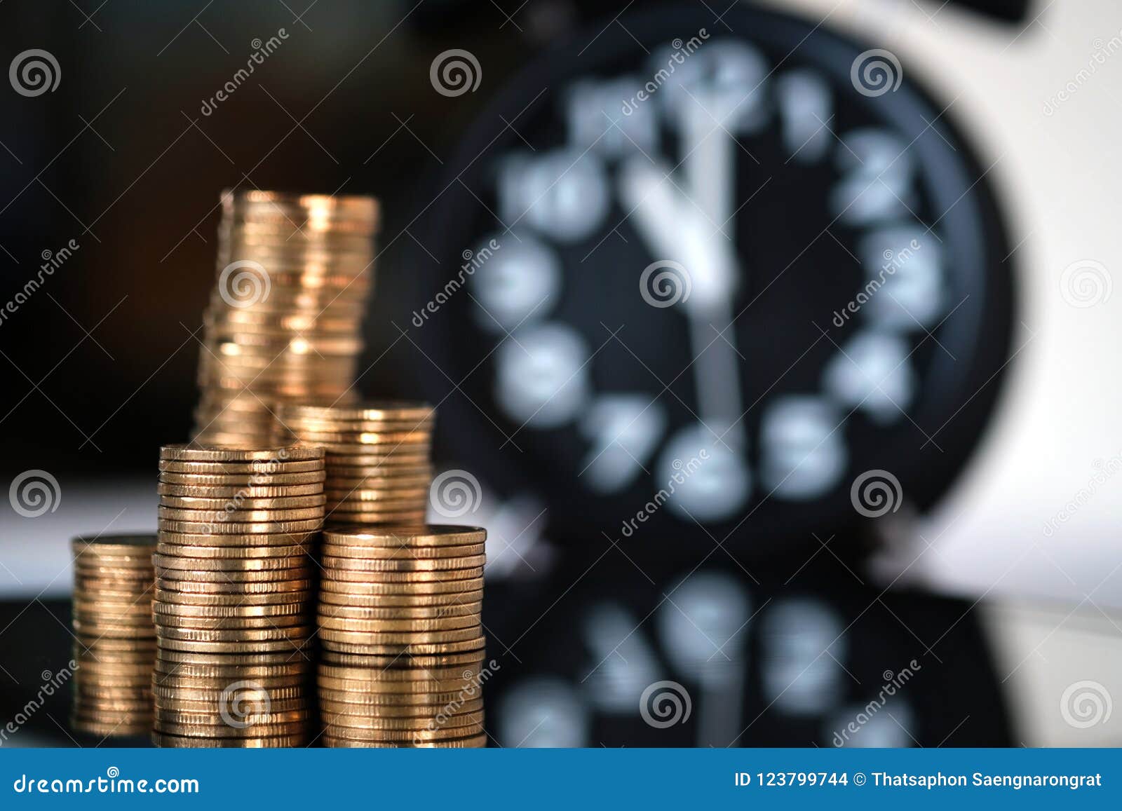 Step of Coins Stacks and Alarm Clock with Tablet Computer and Financial ...