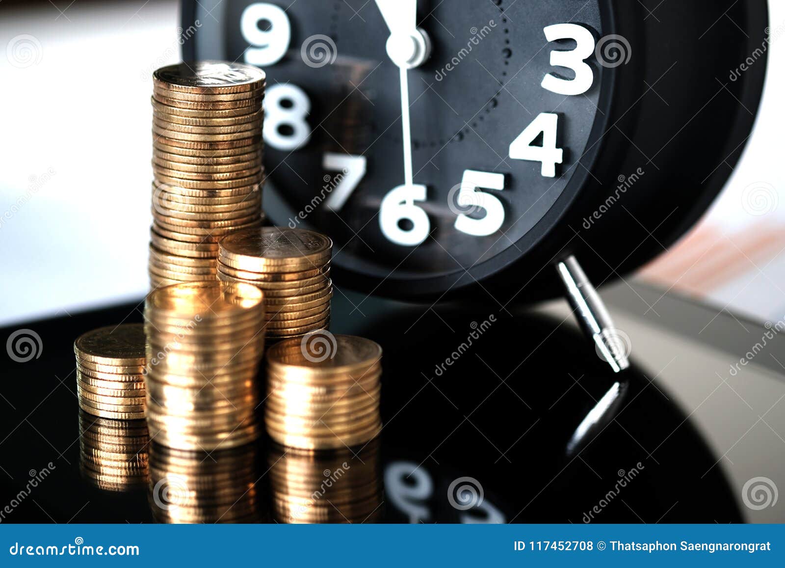 Step of Coins Stacks and Alarm Clock with Tablet Computer and Financial ...