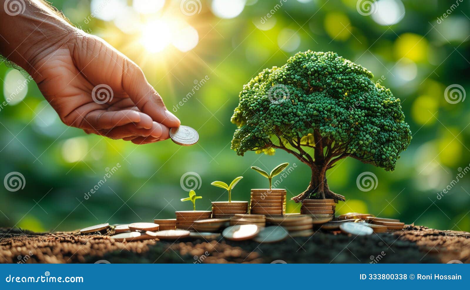 Step of Coins Stacks with Tree Growing on Top, Nature Background. Stock ...