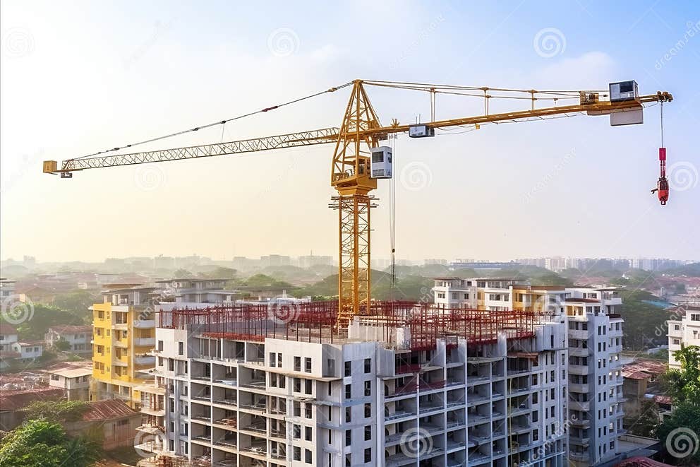 Step-by-step Construction Process of a Multi-storey Building with Cranes on a Bright Sunny Day ...