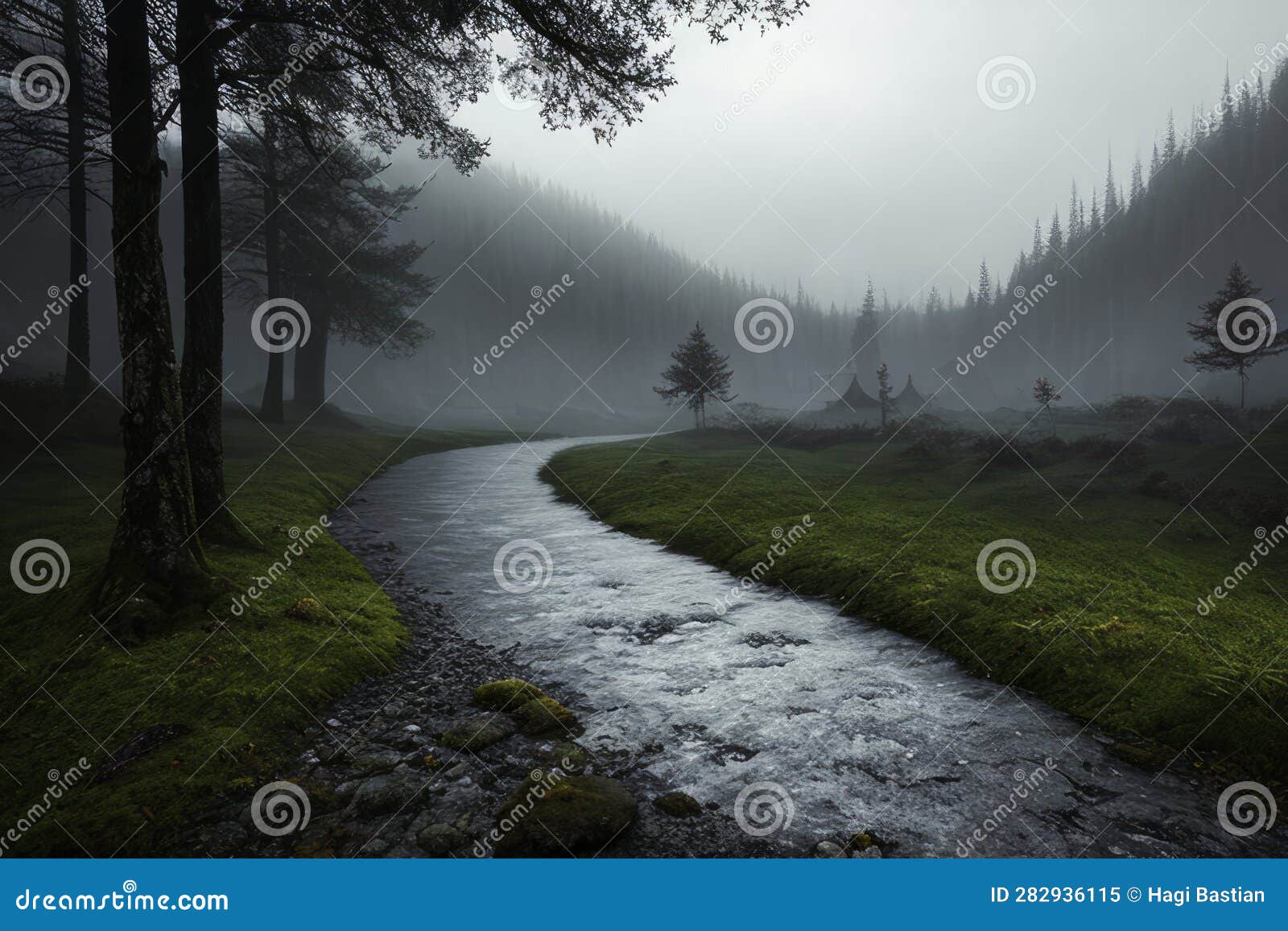 Dark Fantasy Landscape Wrapped in an Enchanting Mist Stock Illustration ...